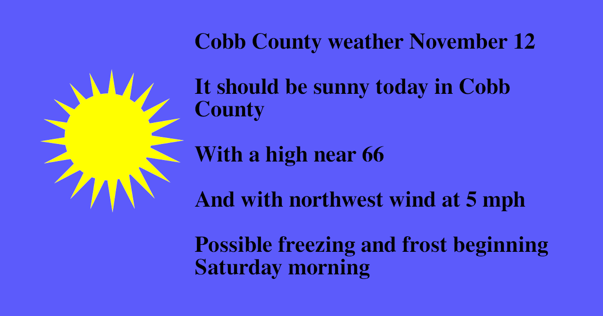 Cobb weather November 12: Sunny, high near 66, NW wind at 5 mph ...