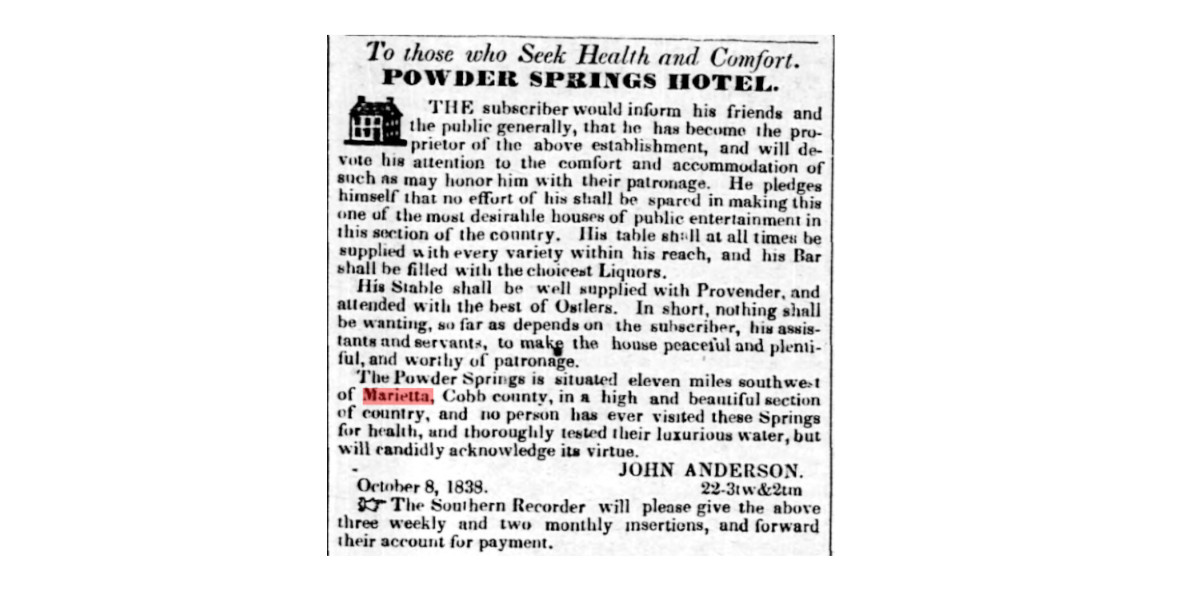 1838 advertisement for the Powder Springs Hotel - Cobb Courier